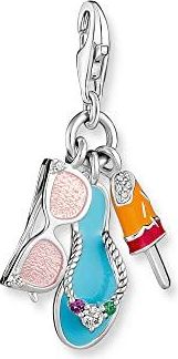 Thomas Sabo 1929-340-7 Breloque en argent sterling 925 avec lunettes de soleil, tongs et glace en turquoise, rose, rose et orange avec pierres colorées 32 x 6 mm,