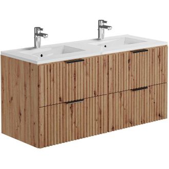 Vente-Unique Vente-Unique - Meuble de salle de bain suspendu stri&eacute; avec vasque &agrave; encastrer - Naturel clair - 120 cm - 4 tiroirs soft close - Mdf &eacute;co-responsable
