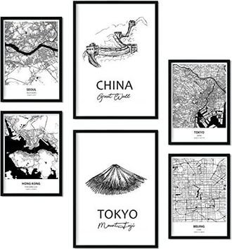 Nacnic Set 6 posters de Asie de lEst. Affiches de cartes et monuments en noir et blanc pour votre maison, entreprise et bureau. D&eacute;coration int&eacute;rieure de styl