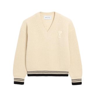 Ami Gerippter Wollpullover mit V-Ausschnitt und Ami De Coeur - - Knitwear - Herren - Beige - S