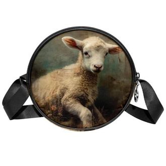 Generic Sac &agrave; bandouli&egrave;re rond pour femme, petit sac &agrave; bandouli&egrave;re vintage en forme de mouton avec fermeture &eacute;clair, bretelles r&eacute;glables, sac &agrave; main rond d&eacute;co