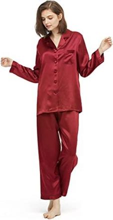 LilySilk Pyjama Soie Femme Vêtement de Nuit Poche Poitrine 2 Pièces Pyjama Long Col Boutonné Manches Longues Fonctionnelle 19 Momme (XXL, Rouge Vineux)