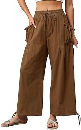 Generic Pantalon boh&egrave;me d&eacute;contract&eacute; pour femme - Jambe large - Cordon de serrage - Taille haute - Pantalon de plage avec poches, marron, XXL