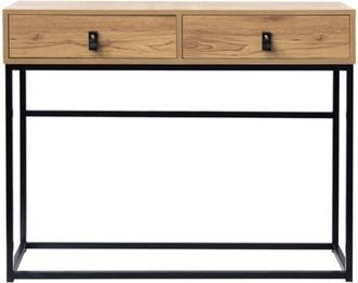 Calicosy Console 2 Tiroirs - Effet Bois Chêne Veiné - Panneaux De Particules - Structure Et Pieds Métal - Poignées Immitation Cuir - Moderne Et Pratique - L 10