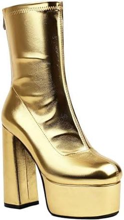 Generic Femmes Fermé Bout Rond Bottes À Mi-Mollet Talon Épais Alto Bottines À Plateforme Cuir PU Bottes Courtes avec Fermeture Éclair,dor,41.5 EU