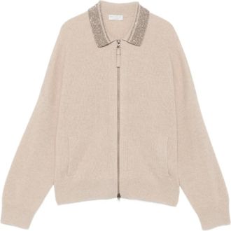Brunello Cucinelli Femme, Pulls, Beige, Taille: 42 FR Cardigan zipp&eacute; orn&eacute; dun col