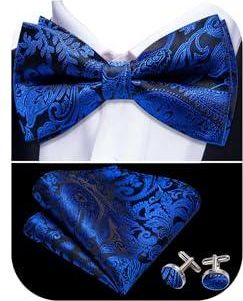 Barry.Wang Ensemble noeud papillon pr&eacute;-nou&eacute; en soie pour homme avec carr&eacute; de poche et boutons de manchette pour mariages et &eacute;v&eacute;nements formels, Fleur bleu roi, t