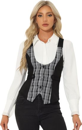 Allegra K Damen &Auml;rmellos Vintage Weste Plaid Knopfleiste Elegant Kariert Westen Schwarz Wei&szlig; M