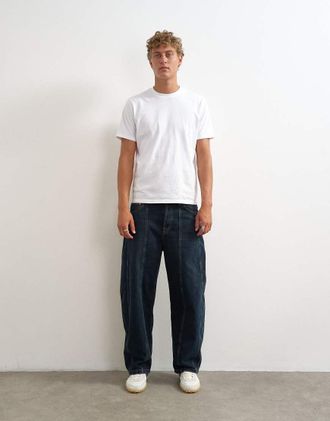 Topman jean coupe barrel rigide &agrave; empi&egrave;cements d&eacute;lavage fonc&eacute; uni-Bleu