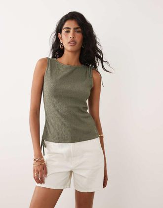 Calvin Klein Jeans Top asym&eacute;trique textur&eacute; &agrave; fronces - Olive-Rouge