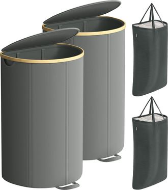 Songmics Wäschekorb 2er Set, Wäschesammler, je 90 Liter, Wäschetonne mit Deckel, Wäschesack herausnehmbar, für Waschküche, Schlafzimmer, Wohnzimmer, schiefergr