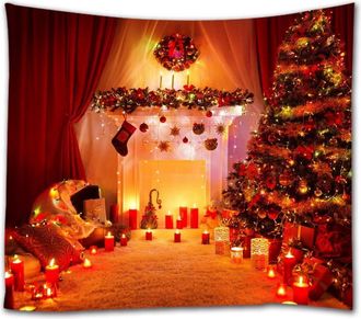 A.Monamour Wandteppiche Weihnachtskamin Weihnachtsbaum Mit Ornament Kugeln Kranz Kerzen Geschenke Urlaub Boho Hippie Mandala Wandbehang Tapisserie Wandbild Vorha