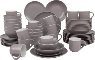 Ambition Tafel und Kaffeeservice 12 personen Linea 60-teilig Porzellan Teller Tassen Schalen dezente Linien Sp&uuml;lmaschine & Mikrowelle grau