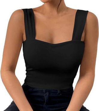 Generic D&eacute;bardeur Femme sans Manches- Caraco Sexy Col Carr&eacute; Crop Tank Tops Camisole Bretelles Larges Moulants Coupe Ajust&eacute;e Slim Fit Haut D&eacute;t&eacute; Couleur Unie D&eacute;