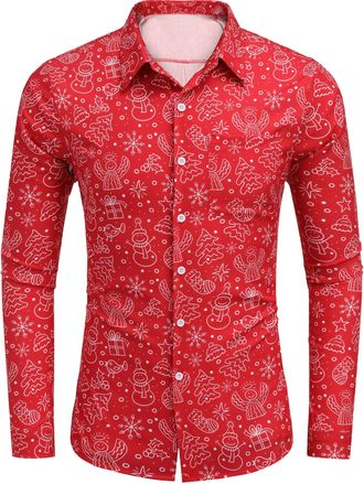 Coofandy Hemd Herren Langarm Gedruckte Weihnachtshemd Weihnachten Hemden Christmas Shirt Langarmhemd Freizeithemd Festival Hemd Männer Dunkelrot XL
