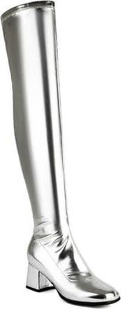 Generic Argent,37 EU,Bottes Hautes en Cuir PU pour Femmes, Bout carré, Talon épais, Bottes au-Dessus du Genou, Fermeture éclair latérale, Bottes Hautes, Chaus