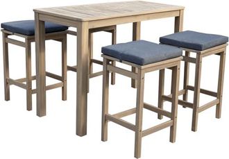 Happy Garden Mange Debout Aruba en Acacia avec Coussins Gris. Table Haute et tabourets dextérieur pour 4 Personnes
