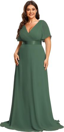 Ever-pretty Damen Abendkleid Frau A-Linie Chiffon Brautjungfernkleid V Ausschnitt Hochzeit Eukalyptus Gr&uuml;n 52