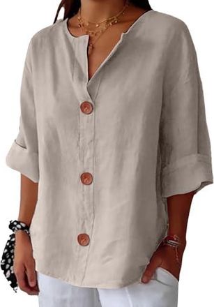 Generic Chemise boutonn&eacute;e en coton et lin &agrave; manches 3/4 pour femme, col en V, uni, coupe ample, tenue dautomne, kaki, 5XL