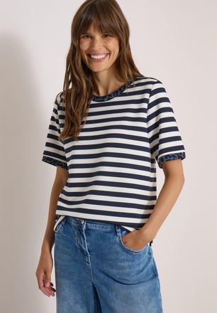Cecil T-Shirt CECIL, Damen, Gr. XXL (46), blau (urban dunkelblau), Stoff, 49% Polyester, 44% Viskose, 7% Elasthan, gestreift, comfort fit normal, Rundhals, 