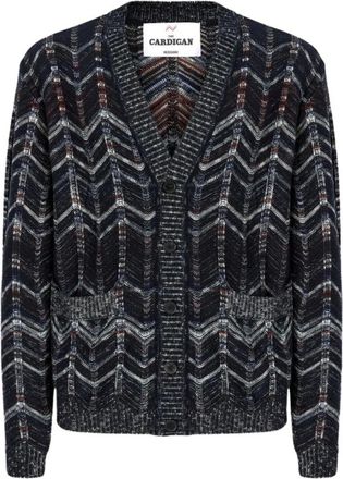 Missoni Homme, Pulls, Bleu, Taille: L Cardigan en coton &agrave; chevrons avec finitions c&ocirc;tel&eacute;es