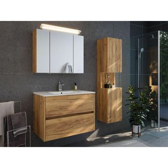 Magnolia Home Badm&ouml;belset Taifun 80cm 3tlg mit Spiegelschrank und Seitenschrank eiche gold