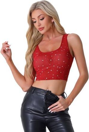 Allegra K D&eacute;bardeur Femme en Maille Transparente Camisole Court Sexy &agrave; Paillettes Top sans Manches &agrave; Col Rond Haut &agrave; &Eacute;toiles Scintillantes Rouge L