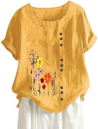 Generic Chemise &agrave; manches courtes en coton et lin pour femme - Grande taille - Chemisier &agrave; manches courtes - Col rond - Imprim&eacute; floral - Haut d&eacute;t&eacute; brod&eacute; boh&egrave;m