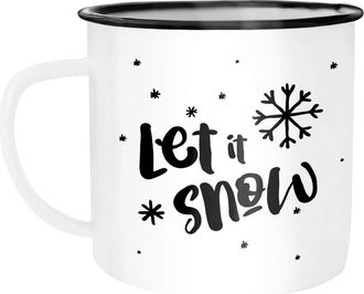 Autiga Emaille Tasse Becher Let it snow Weihnachten Schnee Schneeflocken Weihnachts-Tasse Kaffee-Tasse wei&szlig;-schwarz unisize