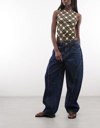 Daisy Street Jean ample &agrave; taille mi-haute avec clous - Bleu d&eacute;lav&eacute;