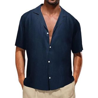 Generic Chemise en coton et lin pour homme Henley Gym Tops d&eacute;contract&eacute;s et &agrave; la mode couleur unie revers ample manches courtes coton lin chemise respirante tu
