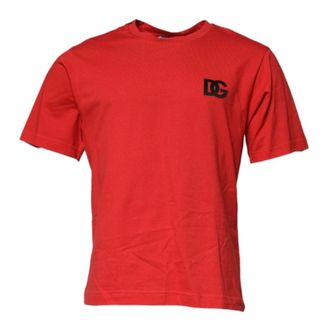 Dolce & Gabbana T-Shirt aus Baumwolle mit rotem Logo-Patch und Rundhalsausschnitt - - Tops - Herren - Rot - S