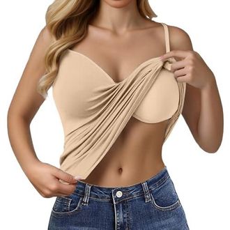 Generic D&eacute;bardeur pour femme avec soutien-gorge int&eacute;gr&eacute; - Bretelles spaghetti - Hauts en coton - Haut basique pour femme - Col rond - D&eacute;bardeur sans manches -