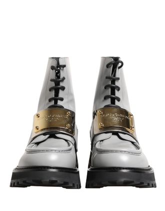 Dolce & Gabbana Mens Gray Leather Logo Plaque Ankle Boots Shoes Spazzolato Matte
