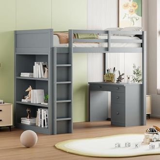 Merax Lit Mezzanine 90 x 200 cm avec Bureau et Étagère, Multifonctionnel Lit Mezzanine 1 Place avec Escalier, Gris, sans Matelas