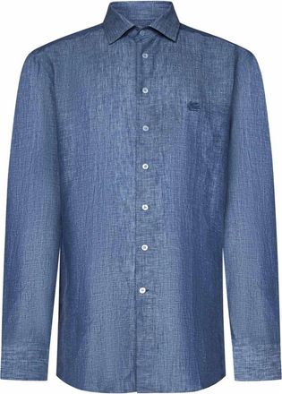 Etro Homme, Chemises, Bleu, Taille: 3XL Chemise en Lin Bleu Broderie Logo Coupe Ajustée