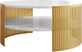 Best Mobilier Bestmobilier - Table basse ronde 75 cm en marbre blanc et dor&eacute; - Structure en acier et bois - R&eacute;sistante &agrave; lhumidit&eacute; et aux rayures - Design moderne