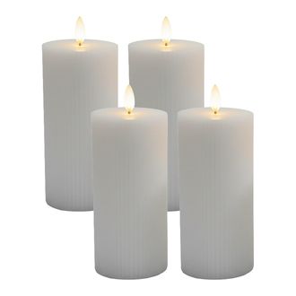 Relaxdays LED Kerzen, 4er Set, HxD: 18 x 7,5 cm, flackernde Flamme, Echtwachs, Rillen, flammenlose Blockkerzen, hellgrau