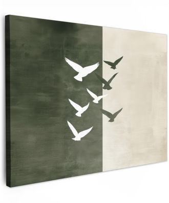 MuchoWow &copy; Bild auf Leinwand 80x60 cm Schlafzimmer Bilder Badezimmer Wand Deko Wohnzimmer Modern Wanddeko Bilderwand Geschenk Japandi - Vogel - Gr&uuml;n