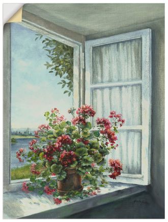 Artland ARTland Wanddeko Wandtattoo selbstklebende Vinylfolie 90x120 cm Fensterblick Fenster Blumen Botanik Geranie Malerei Landhaus Kunst T4DR