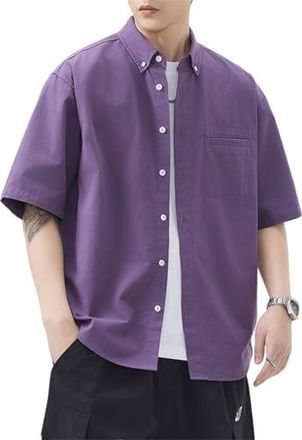 Generic Chemise de travail d&eacute;contract&eacute;e &agrave; manches longues/courtes en coton avec deux poches poitrine pour homme printemps et automne, Violet-B, XXL