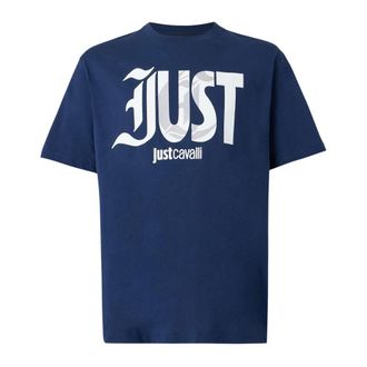 Just Cavalli Homme, Tops, Bleu, Taille: 2XL T-shirt en coton avec logo imprim&eacute;