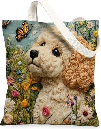 Generic Sac fourre-tout en toile motif chien cavachon printanier 33 x 38,1 cm, sac d&eacute;picerie r&eacute;utilisable &agrave; motif floral fantaisie pour femme, peinture danima