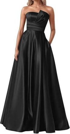 Generic Robe de bal longue sans bretelles en satin pour femme - Robe de soir&eacute;e formelle sans manches, Noir, 46 Grande taille