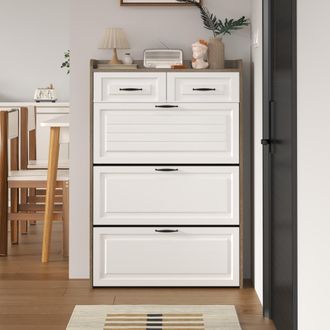 Generic Schuhschrank 80 cm weiß und Natural mit 3 Klappen und 2 Schubladen verstellbare Böden Kippschutz für Flur und Eingang als Schuhkipper Garderobenschran
