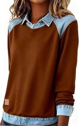 Generic Sweats en denim patchwork pour femme, sweat &agrave; col en jean &agrave; carreaux, pull denim patchwork, marron, 3XL