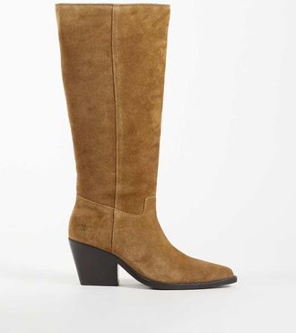 Bronx Next-Low-Kole Western-Stiefel mit Absatz bis zum Knie in dunkel nat&uuml;rlichem Wildleder-Neutral