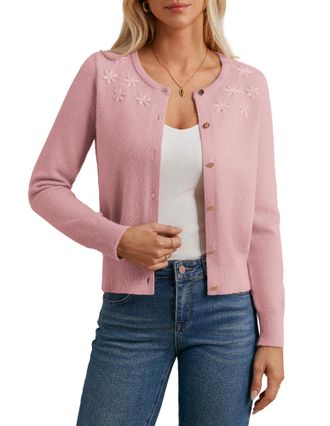 Grace Karin Damen Basic Strickjacke Casual Kurz Cardigan Langarm Button Down Rundhals Cardigan Rosa L
