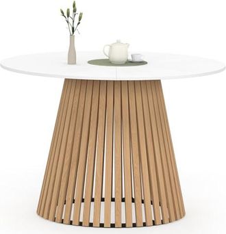 IDMarket Table à Manger Ronde Carmen 6 Personnes Pied Bois en Lattes et Plateau Bois Blanc 110 cm
