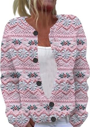 Generic Cardigan tricoté fantaisie imprimé de Noël pour femme, coupe ample et confortable, pull tricoté à boutons pour lhiver, décontracté, manches longues, h